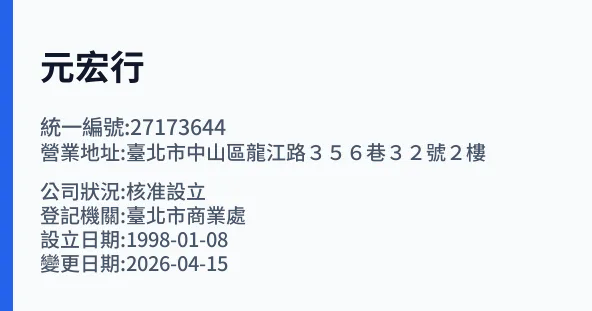 元宏行的照片-統編 27173644(臺北市) 公司登記資料與營業項目詳細圖表