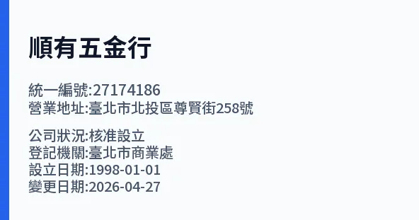 順有五金行的照片-統編 27174186(臺北市) 公司登記資料與營業項目詳細圖表