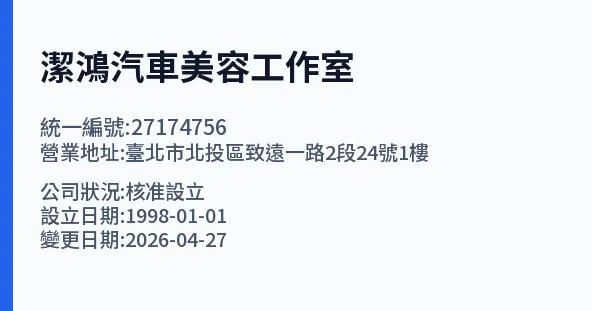潔鴻汽車美容工作室的照片-統編 27174756(臺北市) 公司登記資料與營業項目詳細圖表