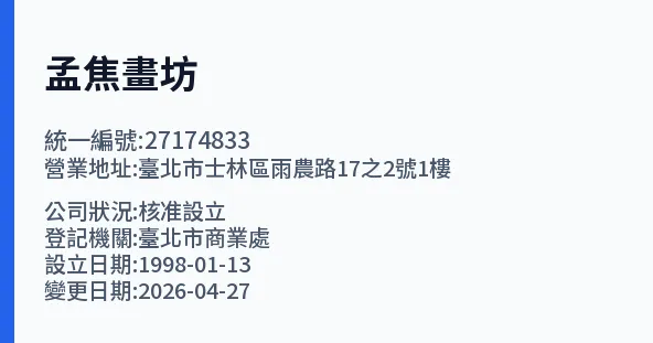 孟焦畫坊的照片-統編 27174833(臺北市) 公司登記資料與營業項目詳細圖表