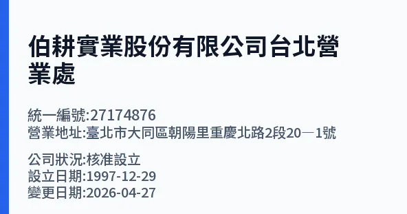 伯耕實業股份有限公司台北營業處的照片-統編 27174876(臺北市) 公司登記資料與營業項目詳細圖表
