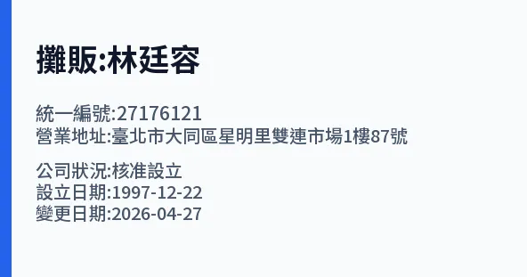 攤販:林廷容的照片-統編 27176121(臺北市) 公司登記資料與營業項目詳細圖表