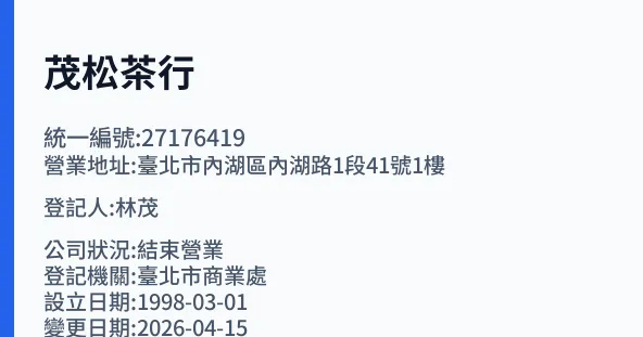 茂松茶行的照片-統編 27176419(臺北市) 公司登記資料與營業項目詳細圖表