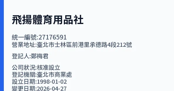 飛揚體育用品社的照片-統編 27176591(臺北市) 公司登記資料與營業項目詳細圖表