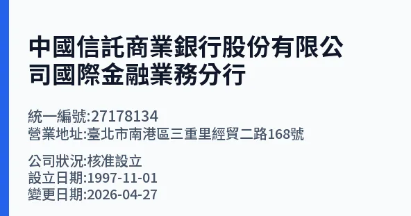 中國信託商業銀行股份有限公司國際金融業務分行的照片-統編 27178134(臺北市) 公司登記資料與營業項目詳細圖表