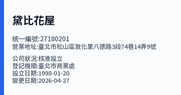 黛比花屋的照片-統編 27180201(臺北市) 公司登記資料與營業項目詳細圖表
