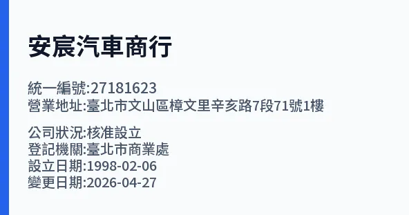 安宸汽車商行的照片-統編 27181623(臺北市) 公司登記資料與營業項目詳細圖表