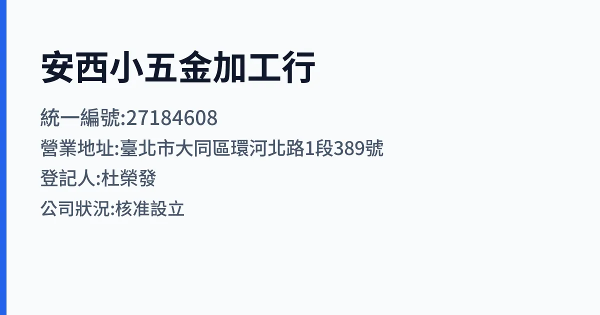 安西小五金加工行 - 統編 27184608(臺北市) 公司登記資料與營業項目詳細圖表