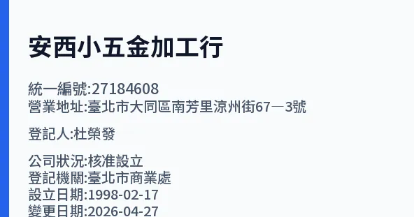 安西小五金加工行的照片-統編 27184608(臺北市) 公司登記資料與營業項目詳細圖表