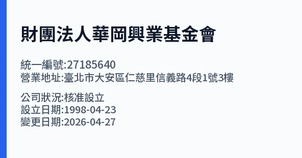 財團法人華岡興業基金會的照片-統編 27185640(臺北市) 公司登記資料與營業項目詳細圖表