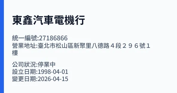 東鑫汽車電機行的照片-統編 27186866(臺北市) 公司登記資料與營業項目詳細圖表