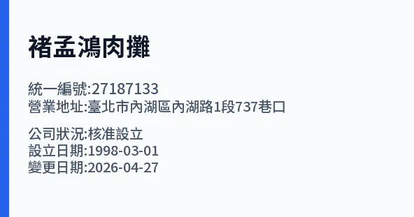 褚孟鴻肉攤的照片-統編 27187133(臺北市) 公司登記資料與營業項目詳細圖表