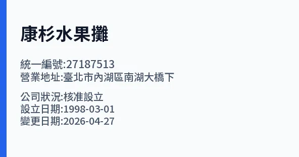 康杉水果攤的照片-統編 27187513(臺北市) 公司登記資料與營業項目詳細圖表