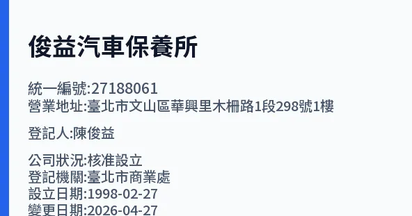 俊益汽車保養所的照片-統編 27188061(臺北市) 公司登記資料與營業項目詳細圖表