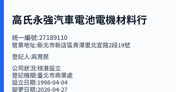 高氏永強汽車電池電機材料行的照片-統編 27189110(新北市) 公司登記資料與營業項目詳細圖表