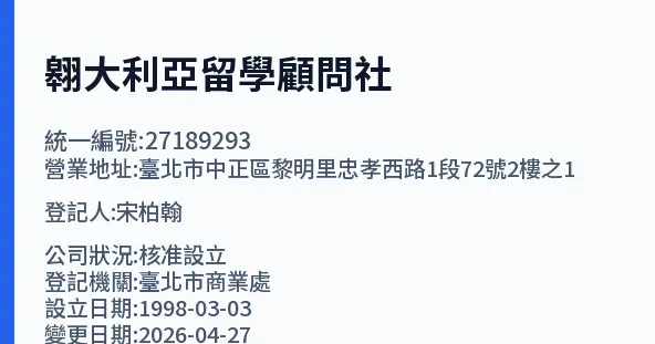 翱大利亞留學顧問社的照片-統編 27189293(臺北市) 公司登記資料與營業項目詳細圖表