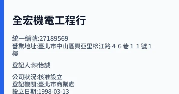 全宏機電工程行的照片-統編 27189569(臺北市) 公司登記資料與營業項目詳細圖表