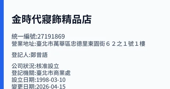 金時代寢飾精品店的照片-統編 27191869(臺北市) 公司登記資料與營業項目詳細圖表