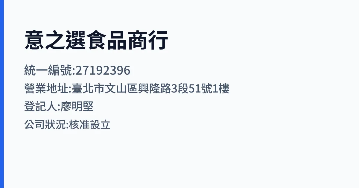 意之選食品商行 - 統編 27192396(臺北市) 公司登記資料與營業項目詳細圖表