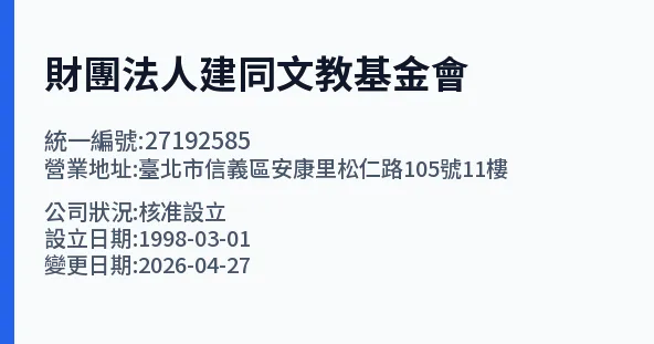 財團法人建同文教基金會的照片-統編 27192585(臺北市) 公司登記資料與營業項目詳細圖表