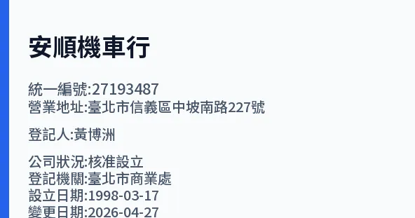 安順機車行的照片-統編 27193487(臺北市) 公司登記資料與營業項目詳細圖表