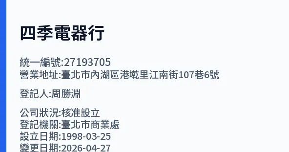 四季電器行的照片-統編 27193705(臺北市) 公司登記資料與營業項目詳細圖表