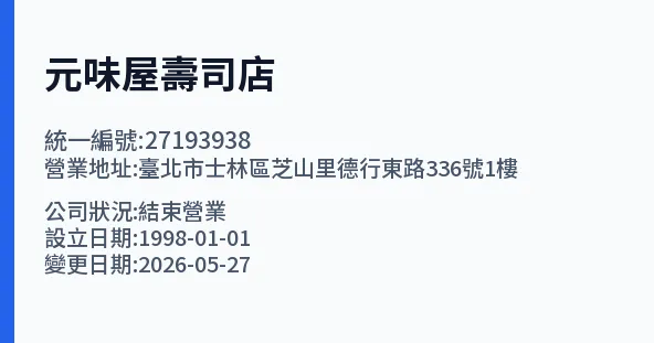 元味屋壽司店的照片-統編 27193938(臺北市) 公司登記資料與營業項目詳細圖表