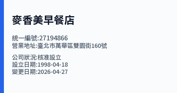 麥香美早餐店的照片-統編 27194866(臺北市) 公司登記資料與營業項目詳細圖表