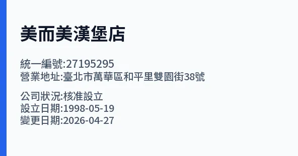 美而美漢堡店的照片-統編 27195295(臺北市) 公司登記資料與營業項目詳細圖表
