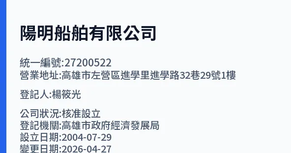 陽明船舶有限公司的照片-統編 27200522(高雄市) 公司登記資料與營業項目詳細圖表
