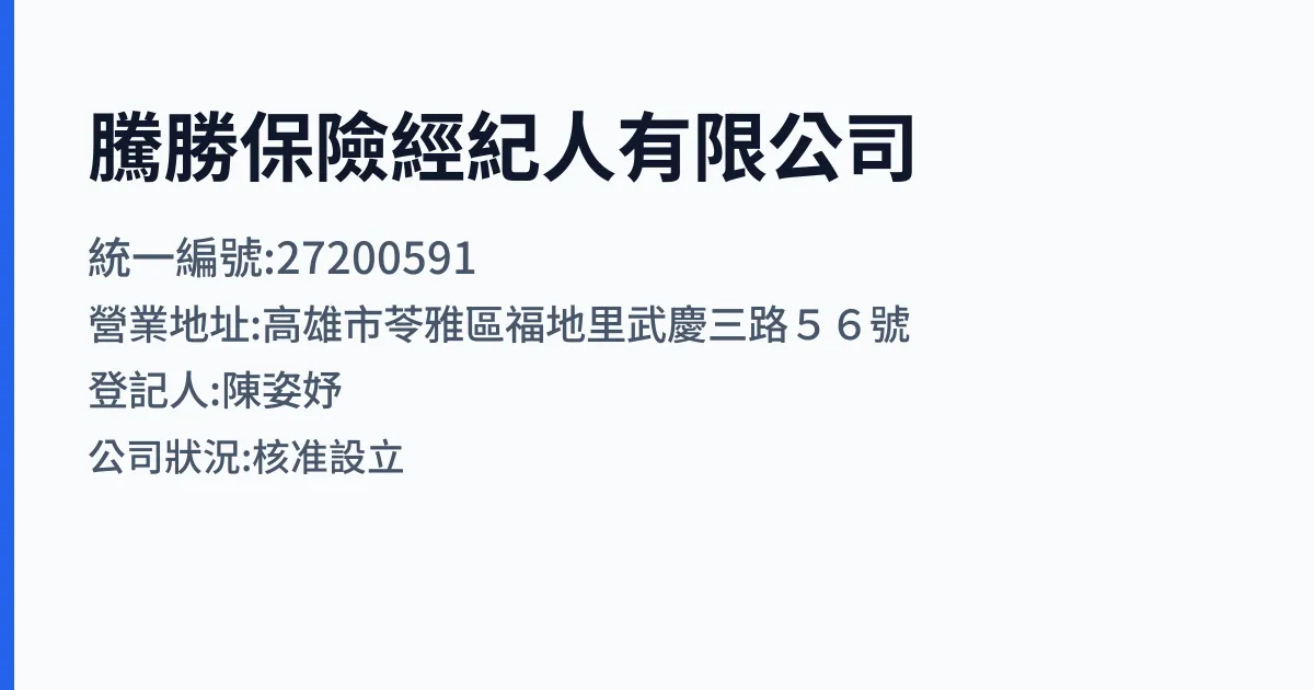 騰勝保險經紀人有限公司 - 統編 27200591(高雄市) 公司登記資料與營業項目詳細圖表