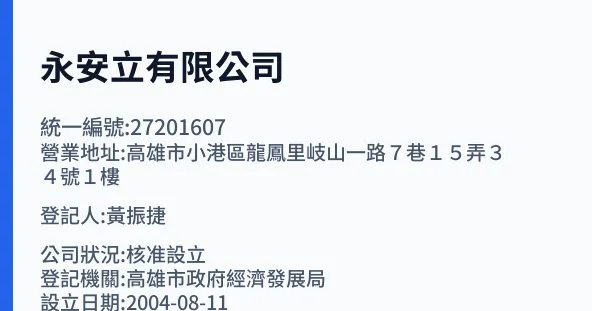 永安立有限公司的照片-統編 27201607(高雄市) 公司登記資料與營業項目詳細圖表