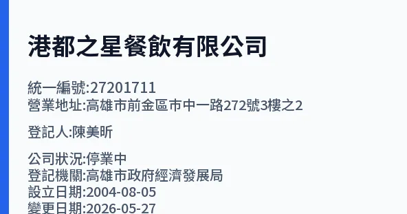 港都之星餐飲有限公司的照片-統編 27201711(高雄市) 公司登記資料與營業項目詳細圖表