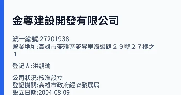 金尊建設開發有限公司的照片-統編 27201938(高雄市) 公司登記資料與營業項目詳細圖表