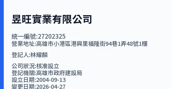 昱旺實業有限公司的照片-統編 27202325(高雄市) 公司登記資料與營業項目詳細圖表