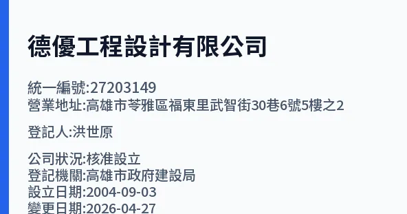 德優工程設計有限公司的照片-統編 27203149(高雄市) 公司登記資料與營業項目詳細圖表