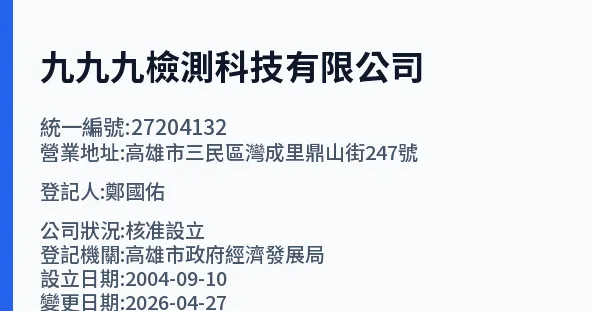 九九九檢測科技有限公司的照片-統編 27204132(高雄市) 公司登記資料與營業項目詳細圖表