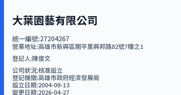 大葉園藝有限公司的照片-統編 27204267(高雄市) 公司登記資料與營業項目詳細圖表