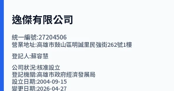 逸傑有限公司的照片-統編 27204506(高雄市) 公司登記資料與營業項目詳細圖表