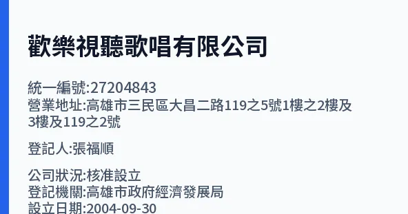 歡樂視聽歌唱有限公司的照片-統編 27204843(高雄市) 公司登記資料與營業項目詳細圖表