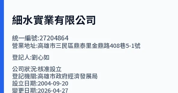 細水實業有限公司的照片-統編 27204864(高雄市) 公司登記資料與營業項目詳細圖表