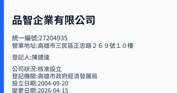 品智企業有限公司的照片-統編 27204935(高雄市) 公司登記資料與營業項目詳細圖表