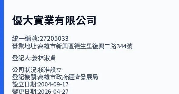 優大實業有限公司的照片-統編 27205033(高雄市) 公司登記資料與營業項目詳細圖表