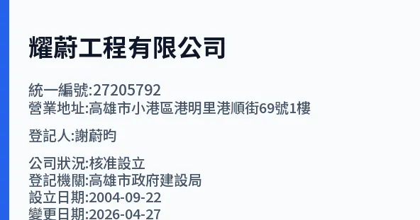 耀蔚工程有限公司的照片-統編 27205792(高雄市) 公司登記資料與營業項目詳細圖表