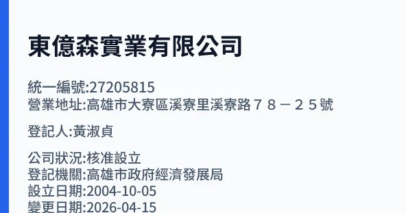 東億森實業有限公司的照片-統編 27205815(高雄市) 公司登記資料與營業項目詳細圖表