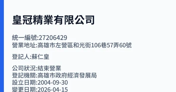 皇冠精業有限公司的照片-統編 27206429(高雄市) 公司登記資料與營業項目詳細圖表