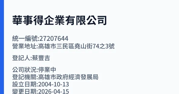 華事得企業有限公司的照片-統編 27207644(高雄市) 公司登記資料與營業項目詳細圖表