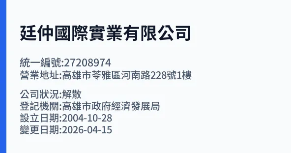 廷仲國際實業有限公司的照片-統編 27208974(高雄市) 公司登記資料與營業項目詳細圖表