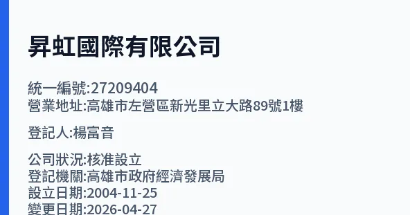 昇虹國際有限公司的照片-統編 27209404(高雄市) 公司登記資料與營業項目詳細圖表