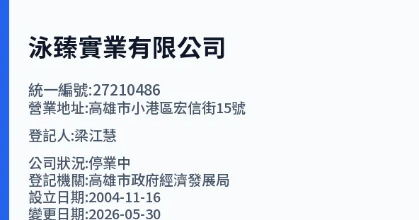 泳臻實業有限公司的照片-統編 27210486(高雄市) 公司登記資料與營業項目詳細圖表